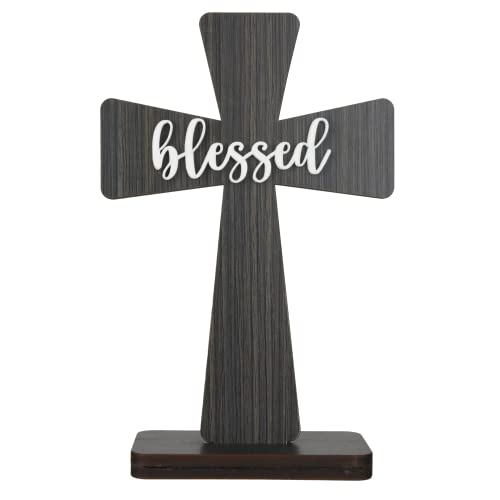 Needzo Rustic Wooden Standing Cross With Blessed Center, Religious Home or Office Decor for Shelves, Tables, or Desks, 8.5 Inches x 5.5 Inches