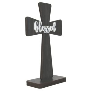 Needzo Rustic Wooden Standing Cross With Blessed Center, Religious Home or Office Decor for Shelves, Tables, or Desks, 8.5 Inches x 5.5 Inches