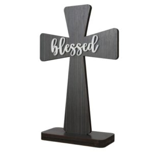 Needzo Rustic Wooden Standing Cross With Blessed Center, Religious Home or Office Decor for Shelves, Tables, or Desks, 8.5 Inches x 5.5 Inches