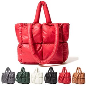 madgrandeur puffer tote bag quilted tote bag for women down fall winter handbag puff bag aesthetic shoulder bag stuffing pillow bag (red)