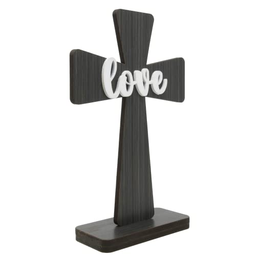 Needzo Rustic Wooden Standing Cross With Love Center, Religious Home or Office Decor for Shelves, Tables, or Desks, 8.5 Inches x 5.5 Inches