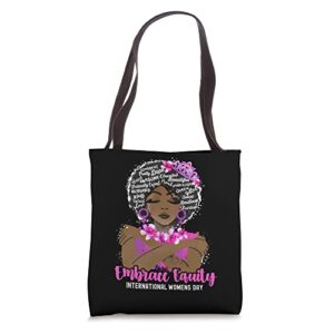 international women’s day 2023 embrace equity black queen tote bag