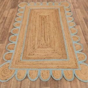 Natural Handwoven Scalloped Jute Area Rug 3x15, Braided Natural Color Area Rug for Living Room, Entryway, Hallway, Kitchen Floor, Under Table 8x10, 9×12, 10×14, 10x16, 10x18 (Light Blue, 2.5’x8′)