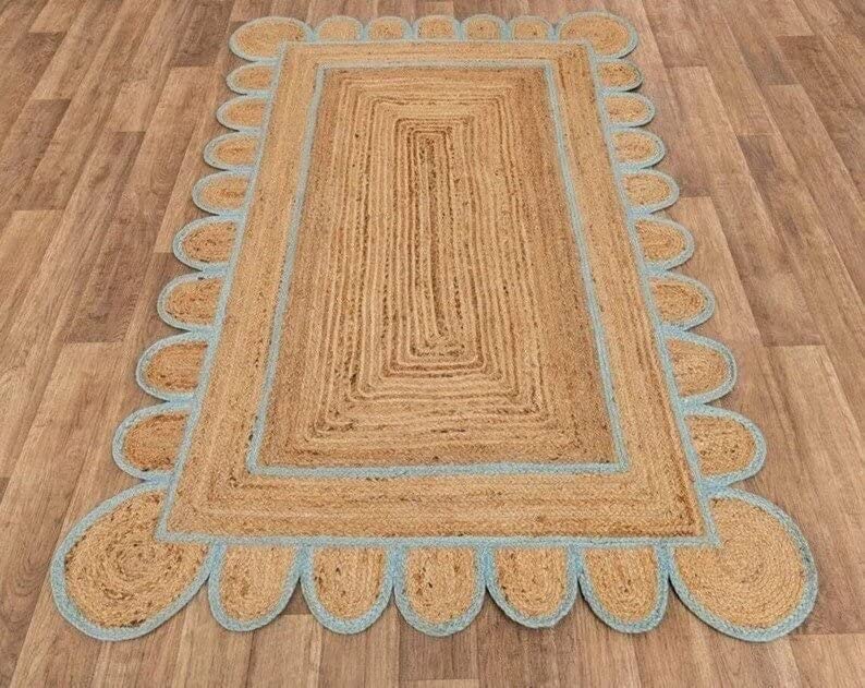 Natural Handwoven Scalloped Jute Area Rug 3x15, Braided Natural Color Area Rug for Living Room, Entryway, Hallway, Kitchen Floor, Under Table 8x10, 9×12, 10×14, 10x16, 10x18 (Light Blue, 2.5’x8′)