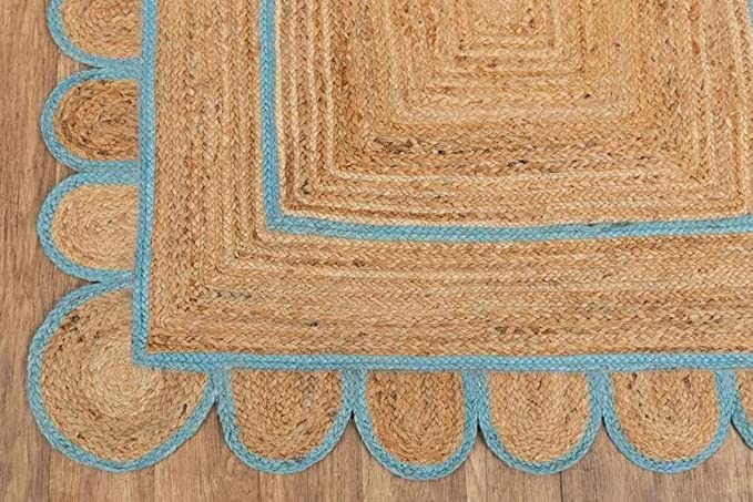 Natural Handwoven Scalloped Jute Area Rug 3x15, Braided Natural Color Area Rug for Living Room, Entryway, Hallway, Kitchen Floor, Under Table 8x10, 9×12, 10×14, 10x16, 10x18 (Light Blue, 2.5’x8′)