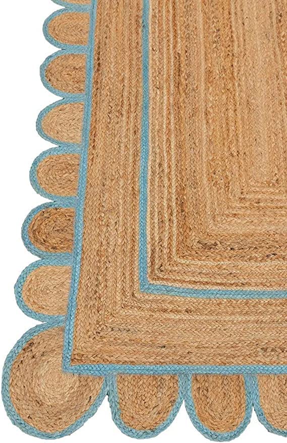 Natural Handwoven Scalloped Jute Area Rug 3x15, Braided Natural Color Area Rug for Living Room, Entryway, Hallway, Kitchen Floor, Under Table 8x10, 9×12, 10×14, 10x16, 10x18 (Light Blue, 2.5’x8′)