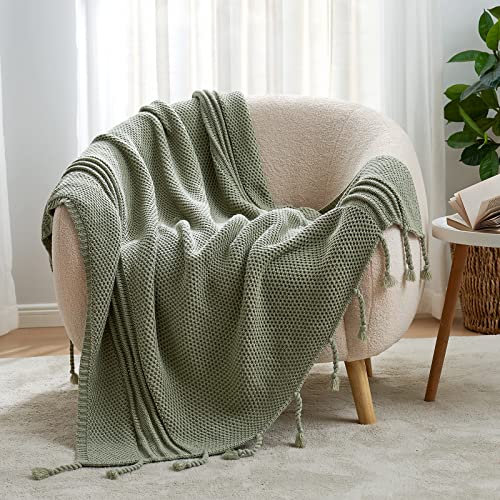 Cozy Bliss Honeycomb Knit Throw Blanket with Hand-Made Tassel Soft Cozy Acrylic Knitted Throw Decorative Woven Blanket for Couch, Bed,Sofa, 50x60 inches, Sage Green