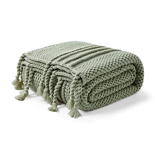 Cozy Bliss Honeycomb Knit Throw Blanket with Hand-Made Tassel Soft Cozy Acrylic Knitted Throw Decorative Woven Blanket for Couch, Bed,Sofa, 50x60 inches, Sage Green