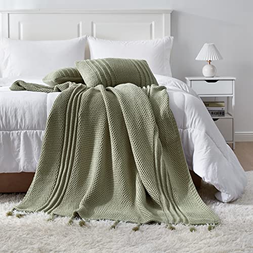 Cozy Bliss Honeycomb Knit Throw Blanket with Hand-Made Tassel Soft Cozy Acrylic Knitted Throw Decorative Woven Blanket for Couch, Bed,Sofa, 50x60 inches, Sage Green