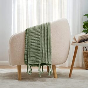 Cozy Bliss Honeycomb Knit Throw Blanket with Hand-Made Tassel Soft Cozy Acrylic Knitted Throw Decorative Woven Blanket for Couch, Bed,Sofa, 50x60 inches, Sage Green