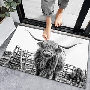 welcome doormat scottish highland cow gray amimal art white back,non slip indoor floor mat bath rug,wildlife entrance carpet for bedroom kitchen living room bathroom decor 16x24in