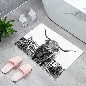 Welcome Doormat Scottish Highland Cow Gray Amimal Art White Back,Non Slip Indoor Floor Mat Bath Rug,Wildlife Entrance Carpet for Bedroom Kitchen Living Room Bathroom Decor 16x24In