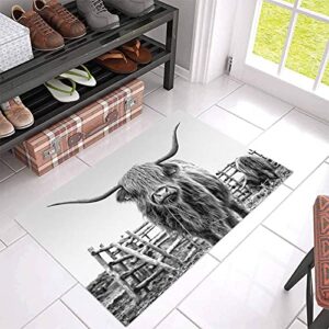 Welcome Doormat Scottish Highland Cow Gray Amimal Art White Back,Non Slip Indoor Floor Mat Bath Rug,Wildlife Entrance Carpet for Bedroom Kitchen Living Room Bathroom Decor 16x24In