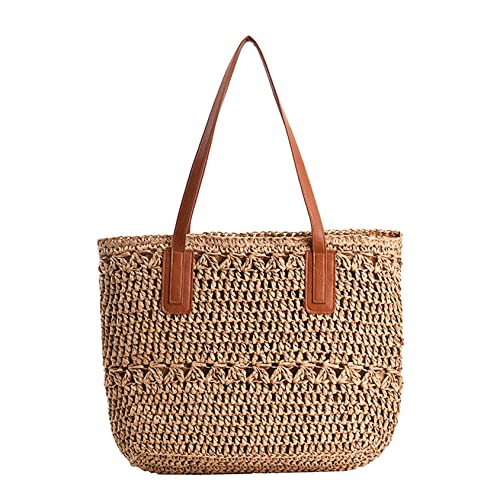 ZNMDOK Beach Bag Straw Handbags For Women Summer Beach Woven Shoulder Bag (Khaki)