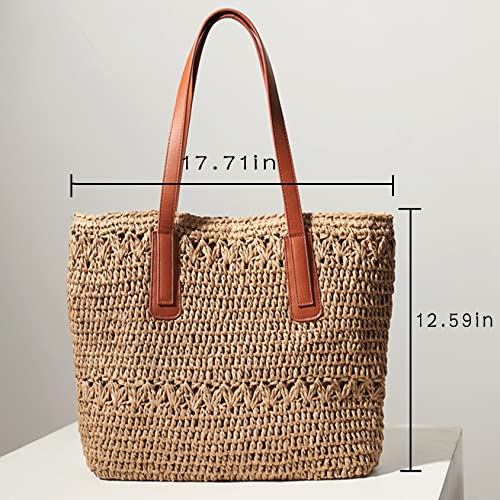 ZNMDOK Beach Bag Straw Handbags For Women Summer Beach Woven Shoulder Bag (Khaki)