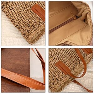 ZNMDOK Beach Bag Straw Handbags For Women Summer Beach Woven Shoulder Bag (Khaki)