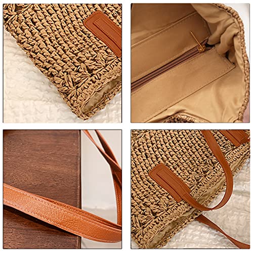 ZNMDOK Beach Bag Straw Handbags For Women Summer Beach Woven Shoulder Bag (Khaki)