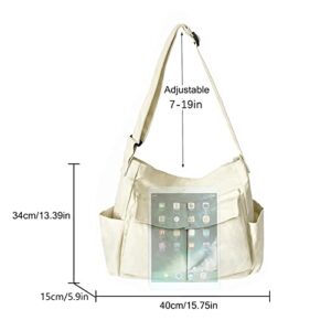 Blostirno Canvas Messenger Bag Large Hobo Crossbody Bag with Multiple Pockets Vintage Shoulder Tote Bags School Handbag for Women and Men (White)