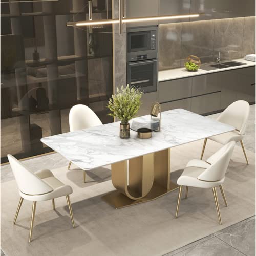 Wohh Marble Dining Table Set for 6-8 People Without Chairs Gold U-Shaped Base, Stone Top Dining Table 71" L X35.5 WX 29.5" H, Marble Top Dining Table Gold Metal(ONLY Table)