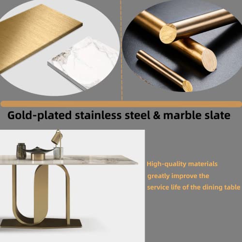 Wohh Marble Dining Table Set for 6-8 People Without Chairs Gold U-Shaped Base, Stone Top Dining Table 71" L X35.5 WX 29.5" H, Marble Top Dining Table Gold Metal(ONLY Table)