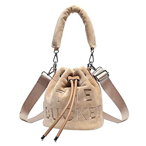 FjcCfrFw Bucket Bags for Women,Mini Bucket Purses,Hobo Bag,Drawstring Crossbody bags,Soft Plush Shoulder Handbags(Khaki)