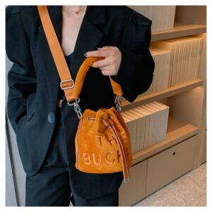 FjcCfrFw Bucket Bags for Women,Mini Bucket Purses,Hobo Bag,Drawstring Crossbody bags,Soft Plush Shoulder Handbags(Khaki)