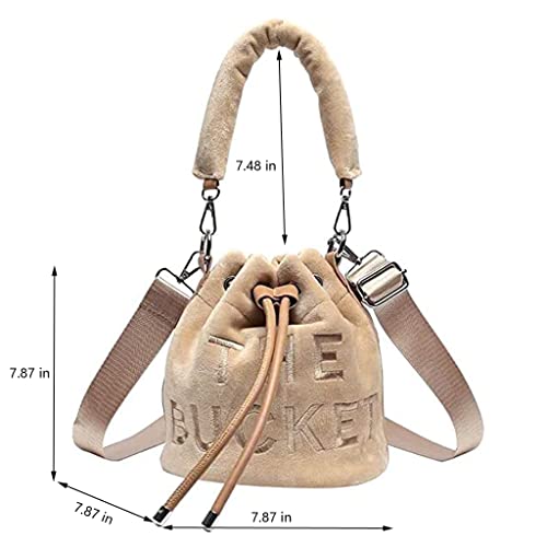 FjcCfrFw Bucket Bags for Women,Mini Bucket Purses,Hobo Bag,Drawstring Crossbody bags,Soft Plush Shoulder Handbags(Khaki)