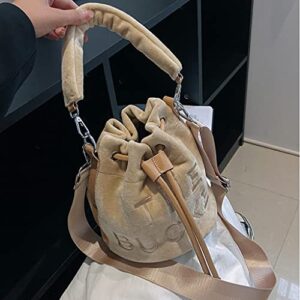 FjcCfrFw Bucket Bags for Women,Mini Bucket Purses,Hobo Bag,Drawstring Crossbody bags,Soft Plush Shoulder Handbags(Khaki)