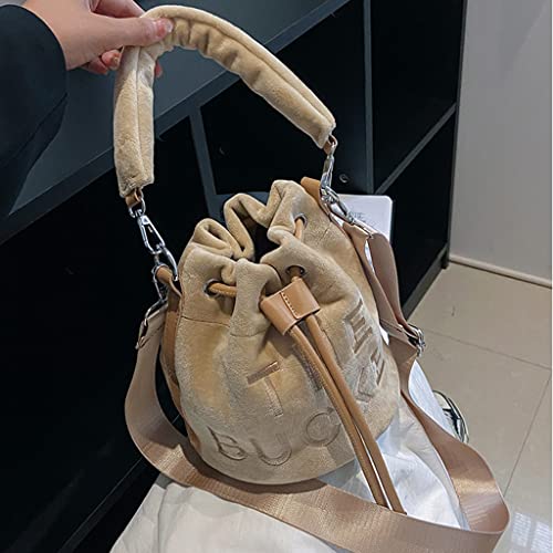 FjcCfrFw Bucket Bags for Women,Mini Bucket Purses,Hobo Bag,Drawstring Crossbody bags,Soft Plush Shoulder Handbags(Khaki)