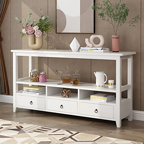 Karl home Console Table with 3 Bottom Drawers, Sofa Side Table Entryway Desk with 3 Storage Cubbies 1 Open Shelf, Vintage TV Stand for Hallway Living Room Office, White 29.9" H