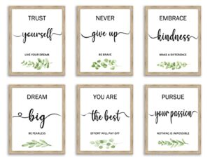 motivational wall art office decor, inspirational wall art, watercolor sage green print boho motivational quote wall art, green plants decor for bedroom – office study living room bedroom decor, set of 6 leaf eucalyptus wall decor, minimalist leaves wall