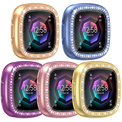 Wugongyan Compatible with Fitbit Versa 4 & Fitbit Sense 2 Screen Protector Case Bling Diamond Crystal TPU Full Protective Face Cover for Women Girls Smartwatch Accessories(5-Pack, Brilliant Colors)