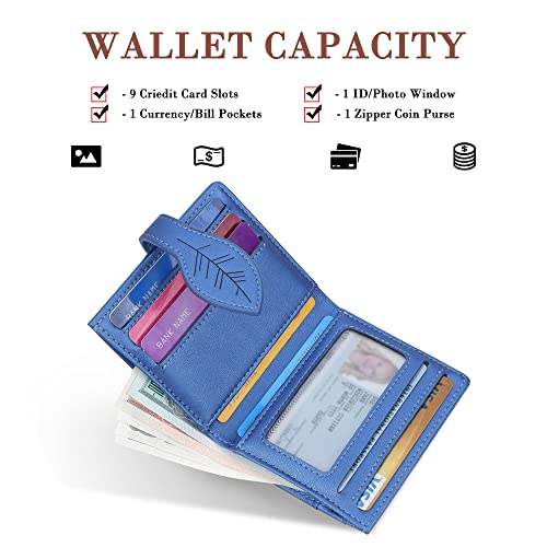 CONISY Small Wallet for Women, RFID Blocking Slim Leather Bifold Front Pocket Womens Wallet with Zipper Coin Purse (Blue)