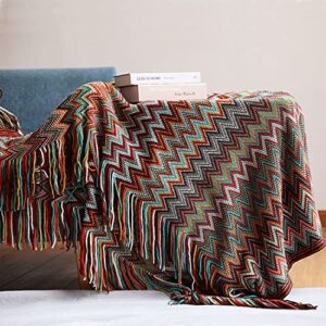 KLEVERISE Throw Blankets Cashmere Touch Knitted Tassel Blankets, Reversible Outdoor Soft Cozy Lightweight Blankets, Couch Bed Sofa Decorative Bohemian Afghans Throw Blankets All Season Red 50 * 60 in