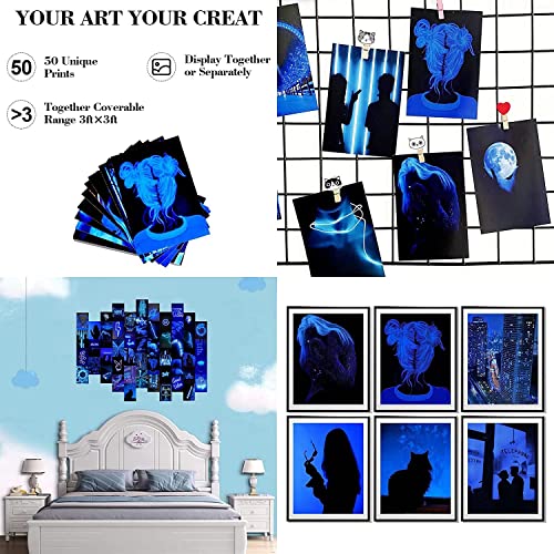 BATHTOI Blue Aesthetic Wall Decor, 50 Pcs Neon Photo Wall Collage Kit Aesthetic Pictures, Neon Posters Room Decor for Teen Girls, Aesthetic Wall Collage Kit, Poster Packs for Room Aesthetic