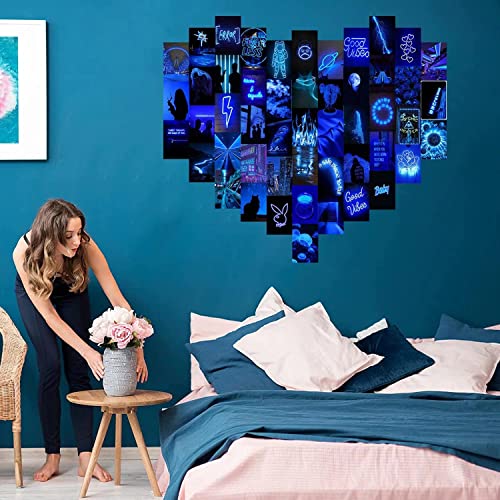 BATHTOI Blue Aesthetic Wall Decor, 50 Pcs Neon Photo Wall Collage Kit Aesthetic Pictures, Neon Posters Room Decor for Teen Girls, Aesthetic Wall Collage Kit, Poster Packs for Room Aesthetic