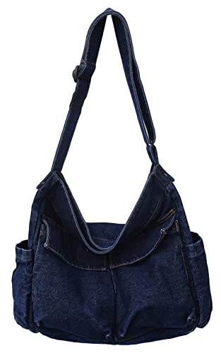 AIEOE Jean Purse Large Crossbody Bags for Women with Cup Holder Purses Sides Pockets Aesthetic Tote Bag Navy Blue-02