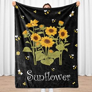 sowide sunflower blanket gifts for women, sunflower bee spring throw blanket, flower warm soft lightweight blanket, black yellow flannel cozy plush for adult teens, home, living room, office, 50″x60″