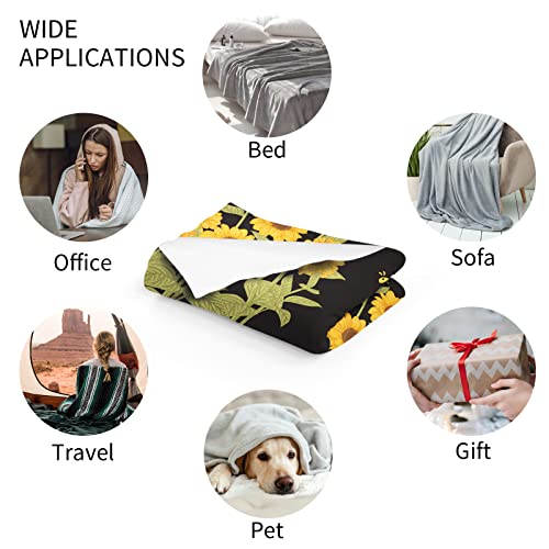 Sowide Sunflower Blanket Gifts for Women, Sunflower Bee Spring Throw Blanket, Flower Warm Soft Lightweight Blanket, Black Yellow Flannel Cozy Plush for Adult Teens, Home, Living Room, Office, 50"x60"