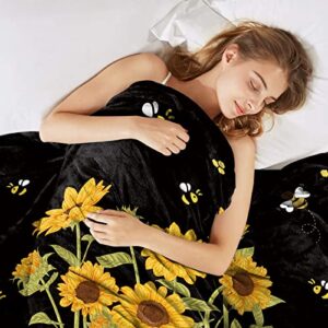 Sowide Sunflower Blanket Gifts for Women, Sunflower Bee Spring Throw Blanket, Flower Warm Soft Lightweight Blanket, Black Yellow Flannel Cozy Plush for Adult Teens, Home, Living Room, Office, 50"x60"