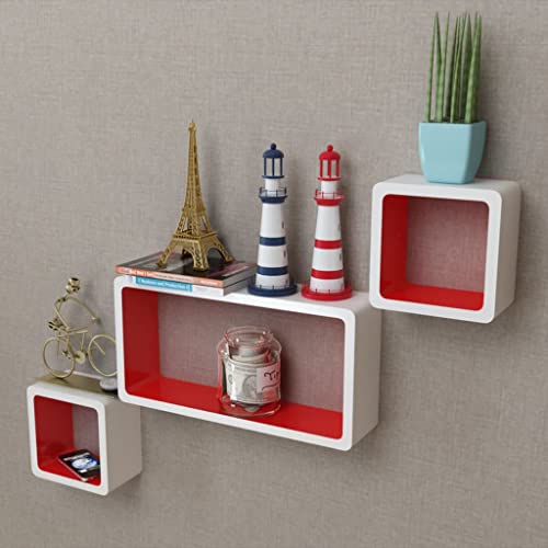 Kagoono Floating Shelves Wall Shelves, Hanging Shelves Wall Mounted Cube Shelves, Display Shelves Home Decoration Ledge, for Bedroom/Living Room, Set of 3 Different Sizes, White-Red