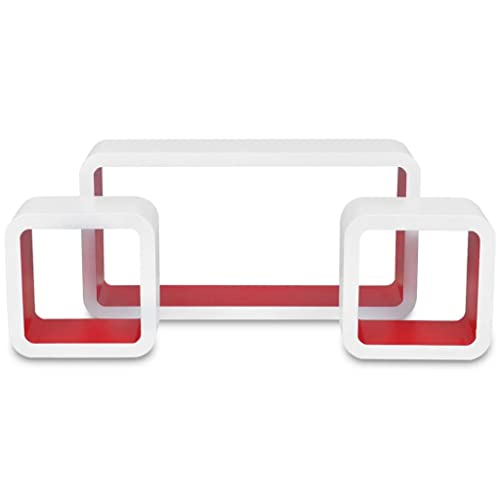 Kagoono Floating Shelves Wall Shelves, Hanging Shelves Wall Mounted Cube Shelves, Display Shelves Home Decoration Ledge, for Bedroom/Living Room, Set of 3 Different Sizes, White-Red