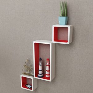 Kagoono Floating Shelves Wall Shelves, Hanging Shelves Wall Mounted Cube Shelves, Display Shelves Home Decoration Ledge, for Bedroom/Living Room, Set of 3 Different Sizes, White-Red