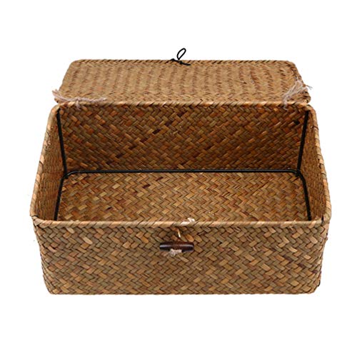 Gatuida Hand-Woven Rectangular Wicker Baskets with Lids, Seagrass Storage Baskets with Button Multipurpose Container for Desktop Home Decor, Size L