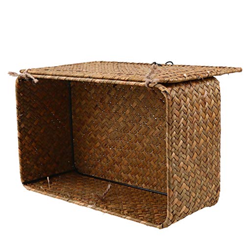 Gatuida Hand-Woven Rectangular Wicker Baskets with Lids, Seagrass Storage Baskets with Button Multipurpose Container for Desktop Home Decor, Size L