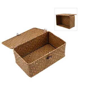 Gatuida Hand-Woven Rectangular Wicker Baskets with Lids, Seagrass Storage Baskets with Button Multipurpose Container for Desktop Home Decor, Size L