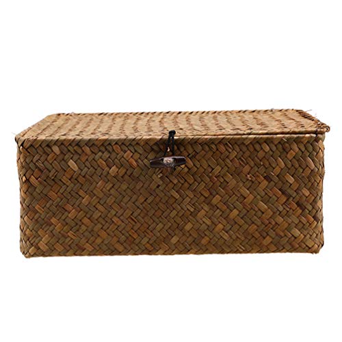 Gatuida Hand-Woven Rectangular Wicker Baskets with Lids, Seagrass Storage Baskets with Button Multipurpose Container for Desktop Home Decor, Size L