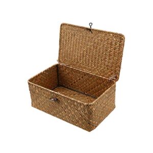 Gatuida Hand-Woven Rectangular Wicker Baskets with Lids, Seagrass Storage Baskets with Button Multipurpose Container for Desktop Home Decor, Size L