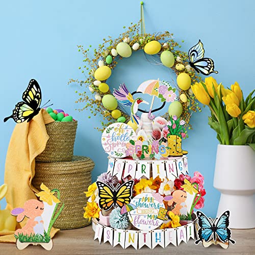 Marsui 27 Pieces Hello Spring Tiered Tray Decor Set Spring Flowers Butterfly Tiered Tray Decorations Spring Table Wooden Sign Rustic Farmhouse Decor for Spring Easter Home Kitchen Party Decor (Null)