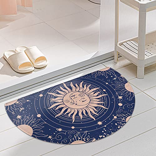 Cinbloo Retro Boho Mandala Semi-Circular 32x20 Inch Bathroom Rugs Creative Abstract Fantasy Blue Sun and Moon Tarot Door Mats Non Slip Area Rugs Soft Wool Floor Carpet for Entrance Way Home Decor